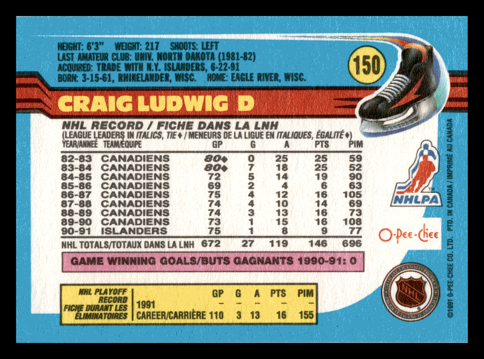 1991 O-Pee-Chee Craig Ludwig #150 Minnesota North Stars Mint | eBay