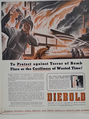 1942 Diebold Safe & Lock Fortune WW2 Print Ad Q2 Fire Firefighters Bomb ...