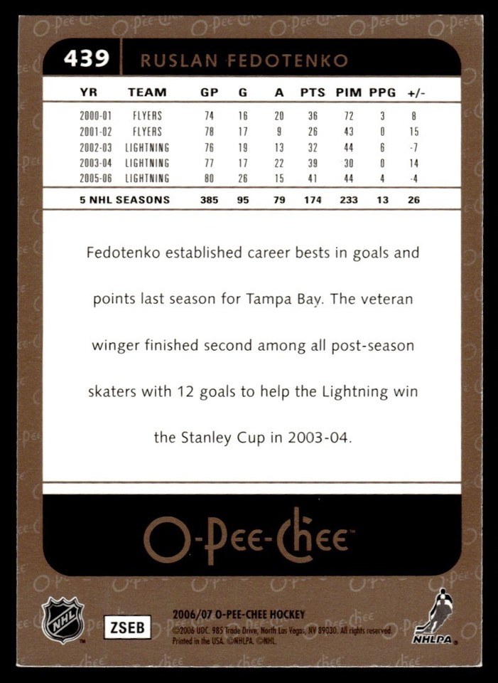 2006-07 O-Pee-Chee Ruslan Fedotenko Tampa Bay Lightning #439 | eBay UK