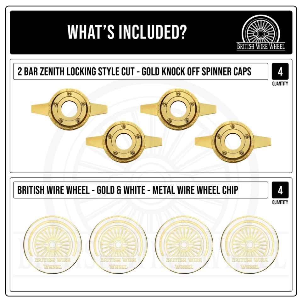 British Wire Wheel Gold & White Wheel Chips with Gold KO Spinner Caps ...