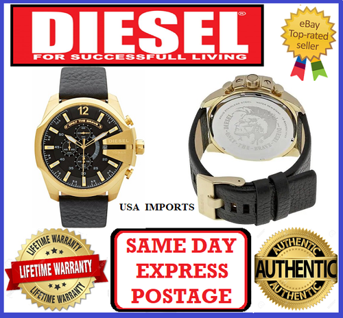 Diesel DZ4344 Mega Chief Black, Gold and Leather Chronograph Mens Watch ...