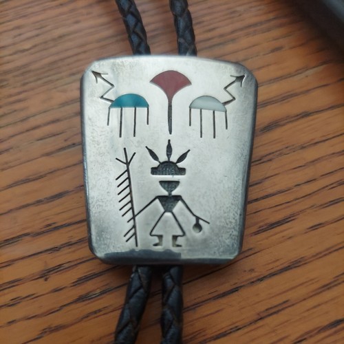 Vintage HOPI God Native American Turquoise Inlay Inlaid Silver Bolo Tie ...