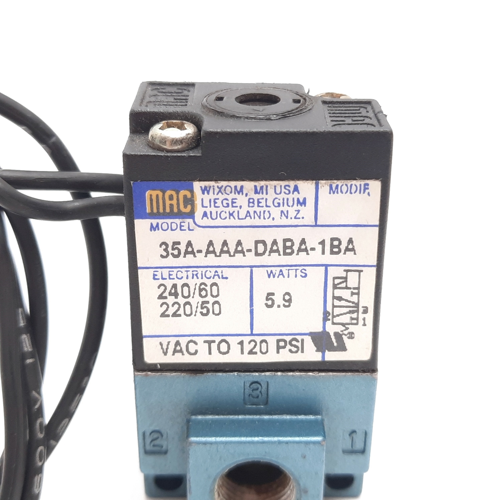 Mac 35A-AAA-DABA-1BA Solenoid Valve, 2-Position 3-Port, 220/240VAC, 1/8 ...