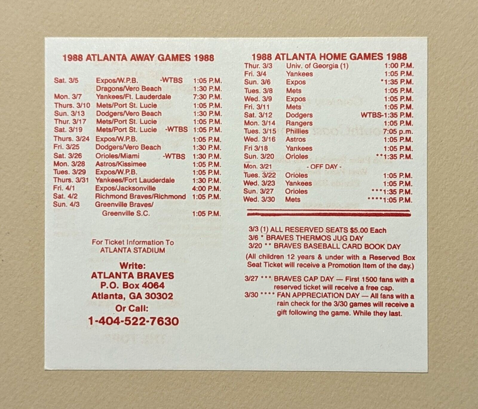 1988 Atlanta Braves Spring Training Baseball Pocket Schedule MLB ⚾️⚾️ ...