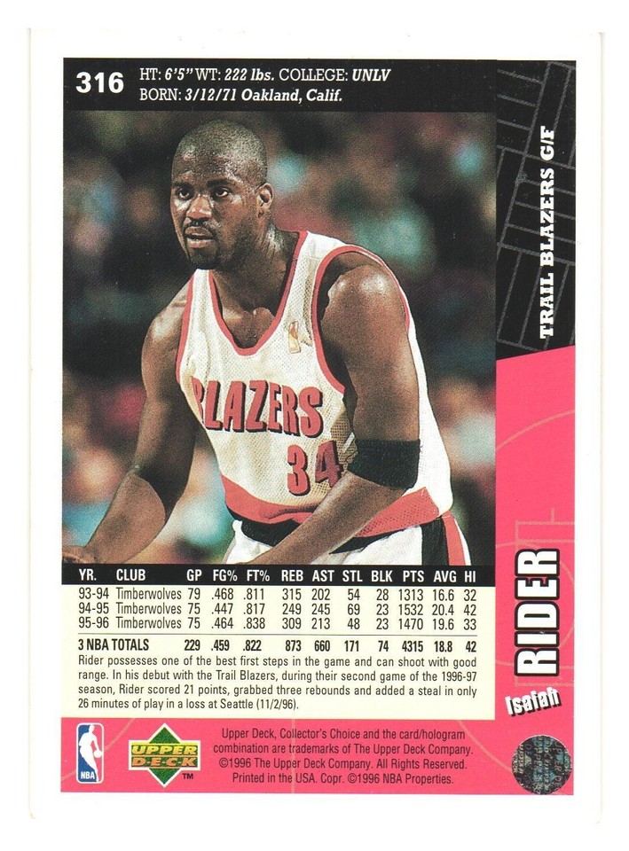 1996-97 UD Collector's Choice NBA Basketball Trail Blazers Isaiah Rider ...