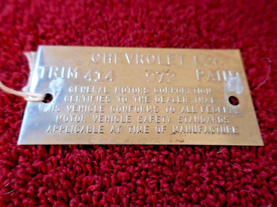 CHEVROLET L26 414 972 ORIGINAL USED PAINT TRIM TAG (1) GM | eBay