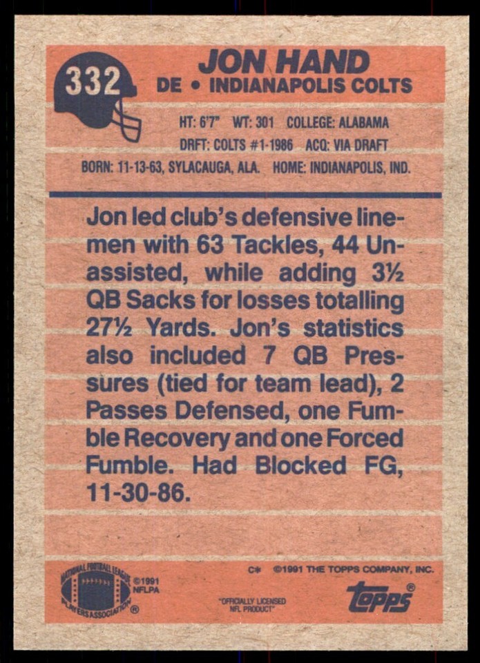 1991 Topps Jon Hand Indianapolis Colts #332 | eBay
