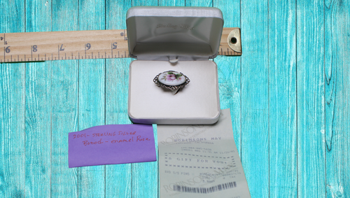 925 Sterling Silver - Vintage Enamel Rose Flower Oval Brooch Pin ...