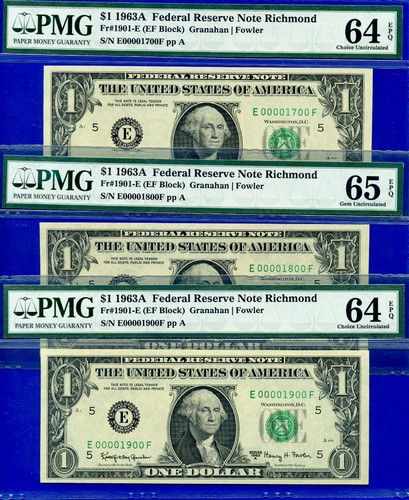 3 1963A $1 Federal Reserve Note PMG 65/64EPQ Consecutive rollover fancy ...