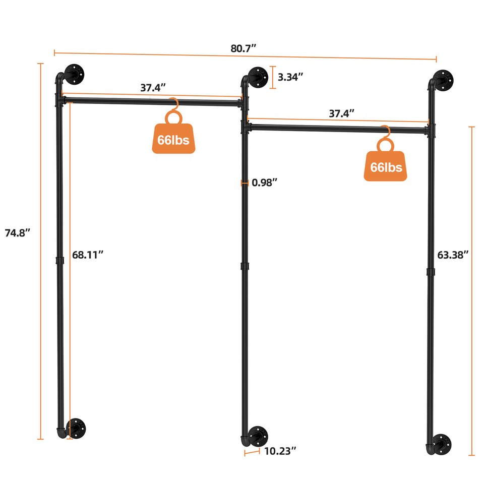 81 In Industrial Pipe Clothes Rack Wall Hanging Rod Rail Wardrobe ...