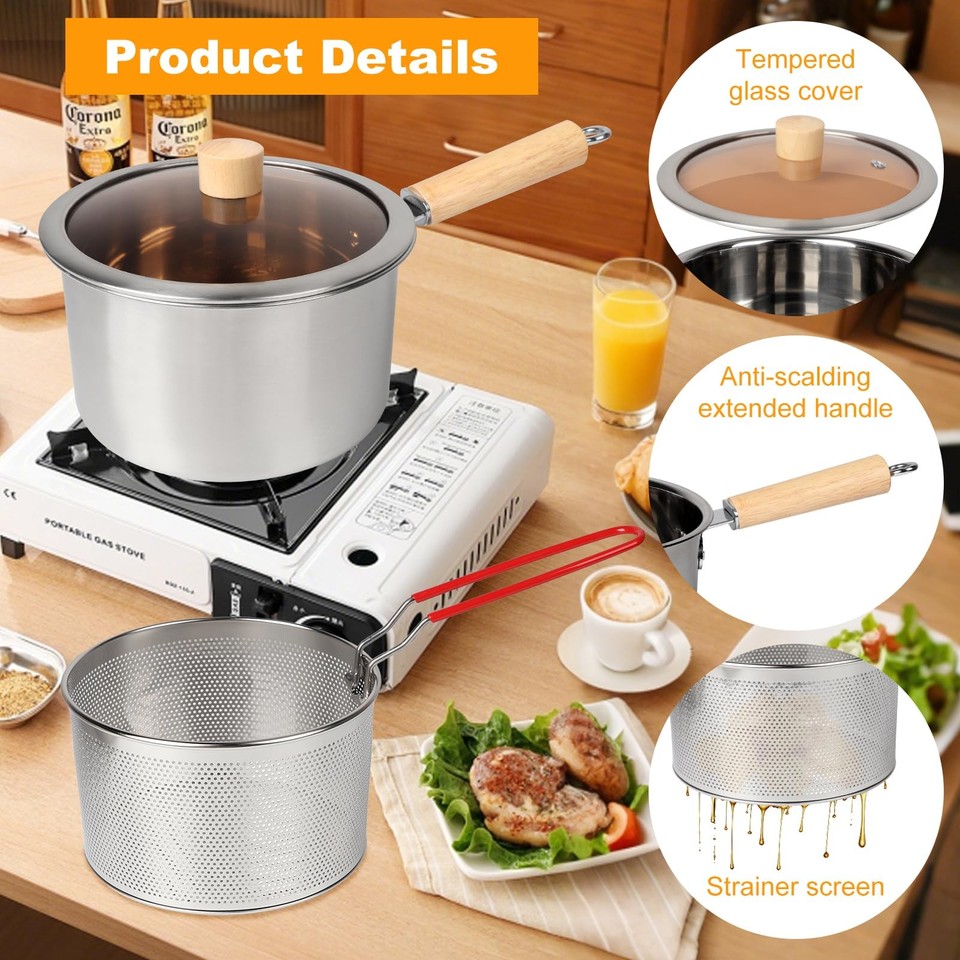 2500Ml Steel Pour Fry Pot Deep Frying Pot with Basket and Lid Cooking ...