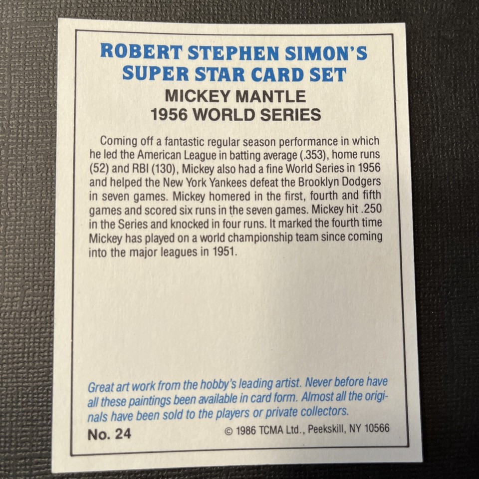 1986 TCMA Robert Stephen Simon's Super Star Set Card # 24 Mickey Mantle ...