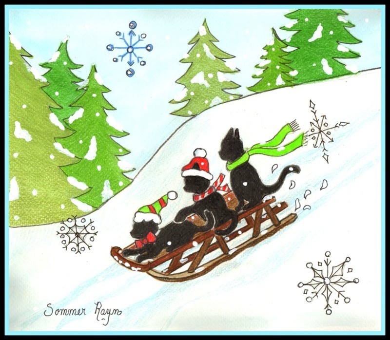Cats riding on a snow sled for Christmas, joyful, blue, notecard #479 ...