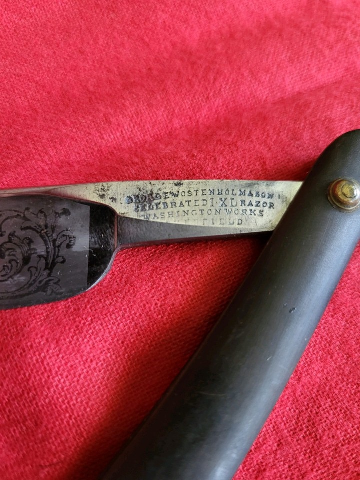 Old Vintage George Wostenholm horn handled razor Etched "Damascus Steel ...