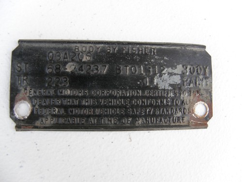 1968 Pontiac GTO Body by Fisher Cowl Tag Plate Original Aleutian Blue ...