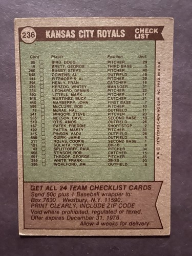 1976 Topps #236 Kansas City Royals Team Card Checklist | eBay