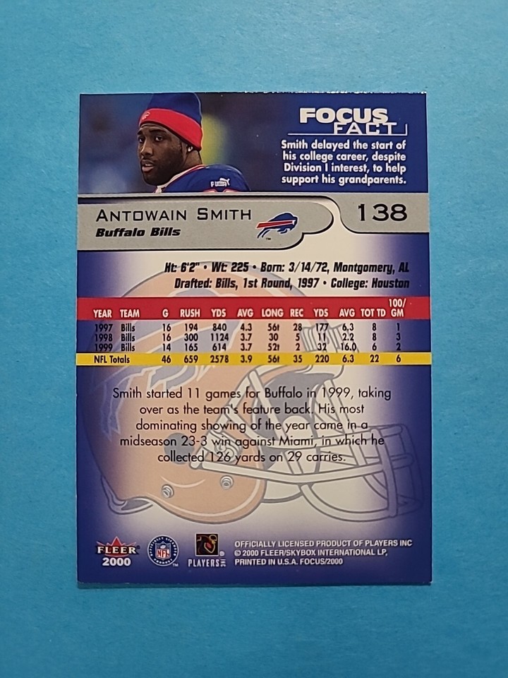 ANTOWAIN SMITH 2000 FLEER FOCUS FOOTBALL CARD # 138 H3216 | eBay