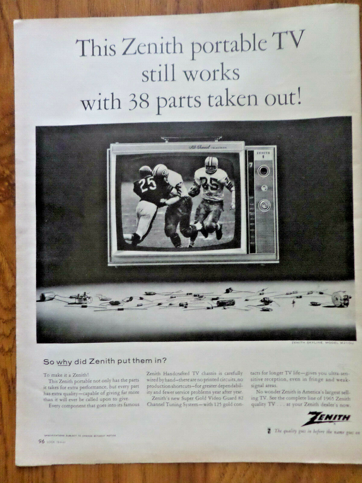 1964 Zenith TV Television Ad Still Works 38 Parts Taken Out Football ...