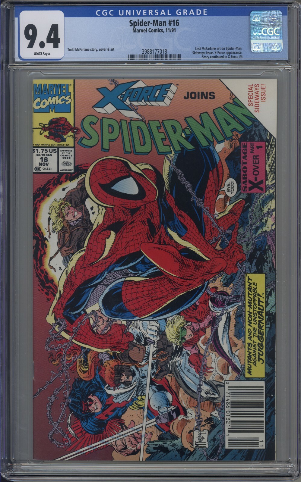 Spider-man # 16 CGC 9.4 Todd McFarlane last work on Marvel !! NEWSSTAND ...