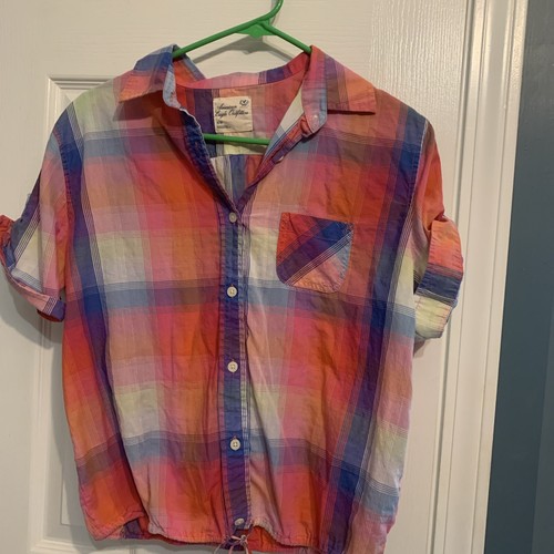 american eagle Women juniors button shirt Plaid Tab Sleeves Drawstring ...