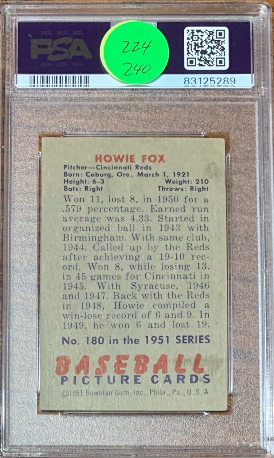 1951 Bowman Baseball #180 Howie Fox Cincinnati Reds PSA 4 Nicely ...