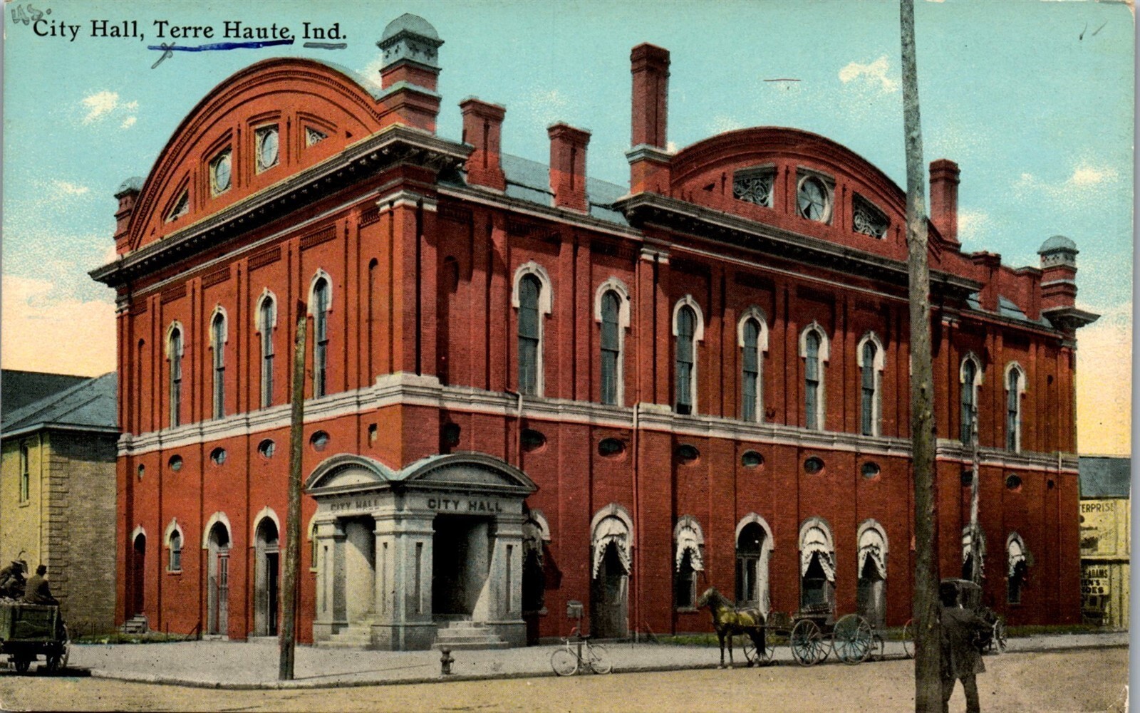 Vintage IN Postcard City Hall Terre Haute Library Stamp on back ~ Horse ...