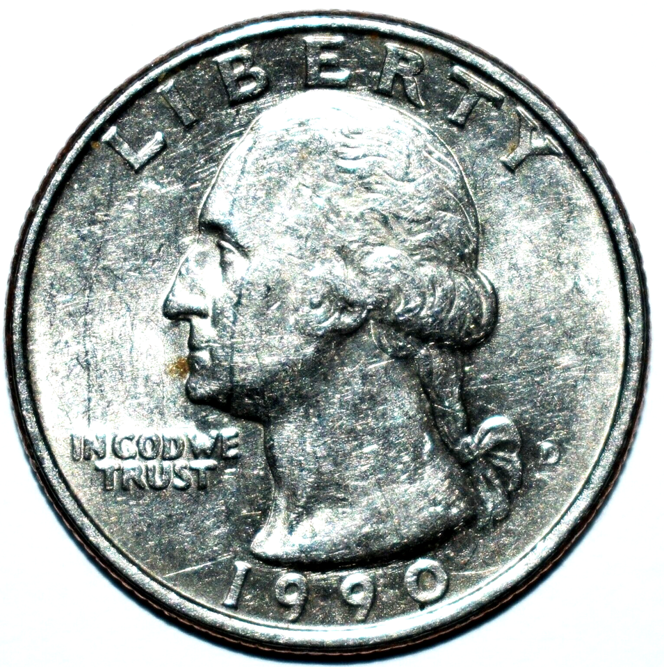 1990 D Washington Quarter Error Double-Die Mint Mark, DD Wing Die Clash ...