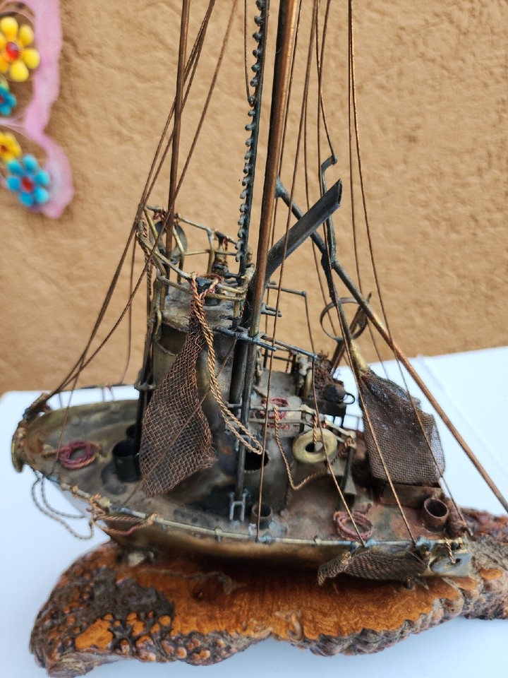 VTG Driftwood & Bronze Metal Realistic Sailboat Ship Model Art Statue ...