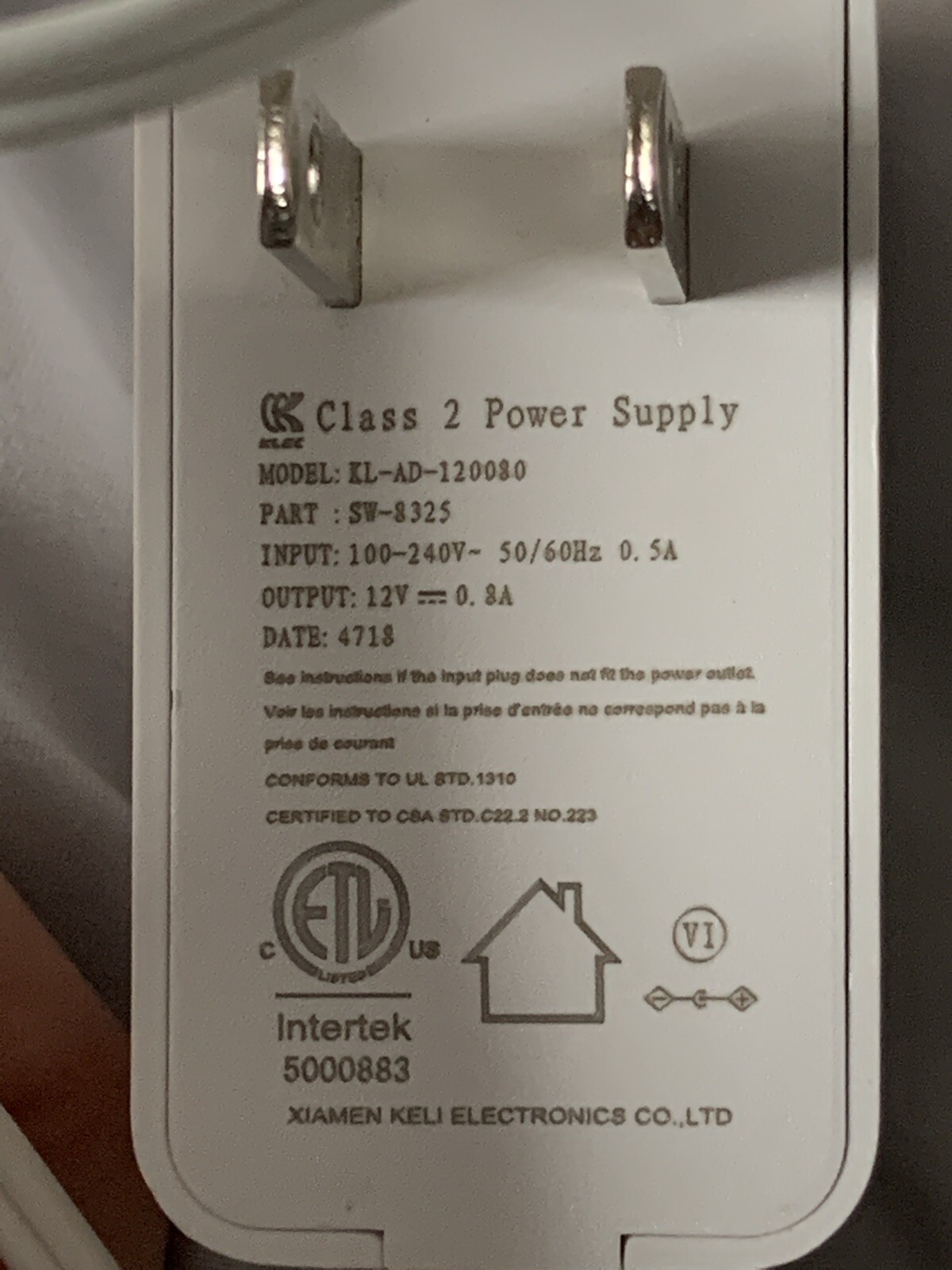 Intertek 12V Class 2 Power Supply -KL-AD-120080 (SW-8325A) | eBay