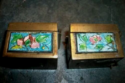 ANTIQUE CLOISONNE BRASS CHINESE STAMP BOX PAIR AQUA ENAMEL FLORALS 1900 ...