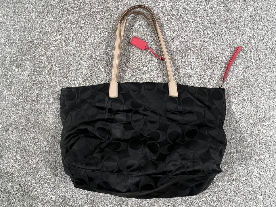 Coach Tote Bag Womens Large Black Signature Nylon Leather Shoulder ...