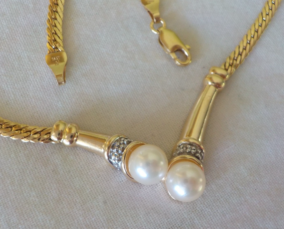 Estate Solid 14K Yellow Gold Pearl Diamond Necklace - 9.20 gms, 17.3 inch | eBay