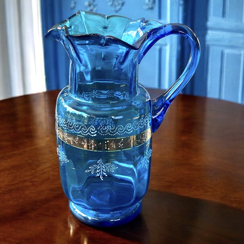 Northwood Aqua Blue Glass Pitcher Enameled Gilded Fluted Rim Victorian ...