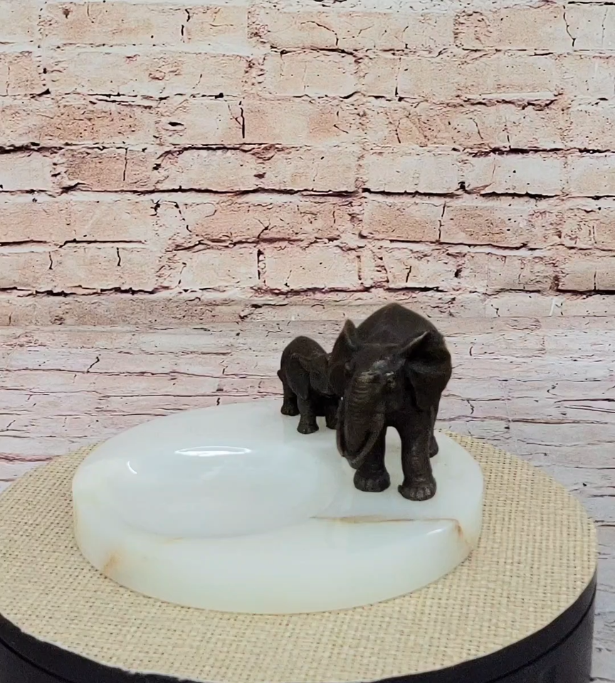 Bronze Metal Elephant Mother & Calf on Marble Soap Dish Ashtray ...