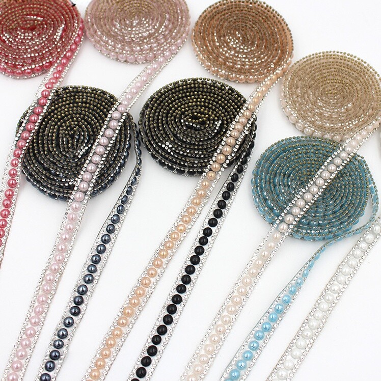 1yard Faux Pearl Trim Hotfix Tape Rhinestone Ribbon Iron Clothing ...