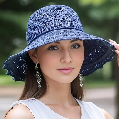 Blue Fashion Women Hollow Sun Hat Washable Breathable Large Brimmed ...