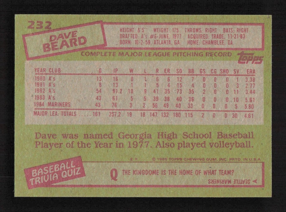 1985 Topps Baseball Dave Beard #232 Seattle Mariners | eBay