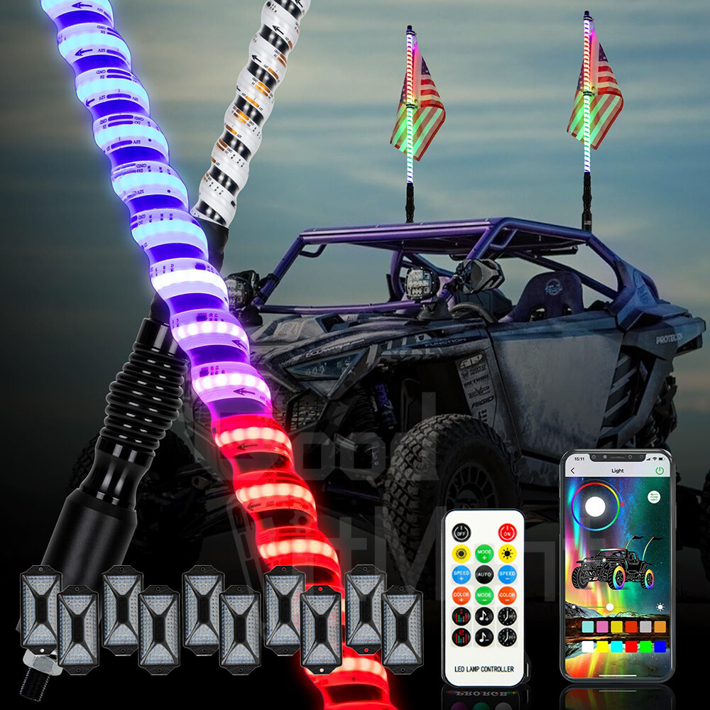2X 3ft Lighted Spiral COB LED Whip Antenna w/Flag + 10X RGB Rock Lights ...