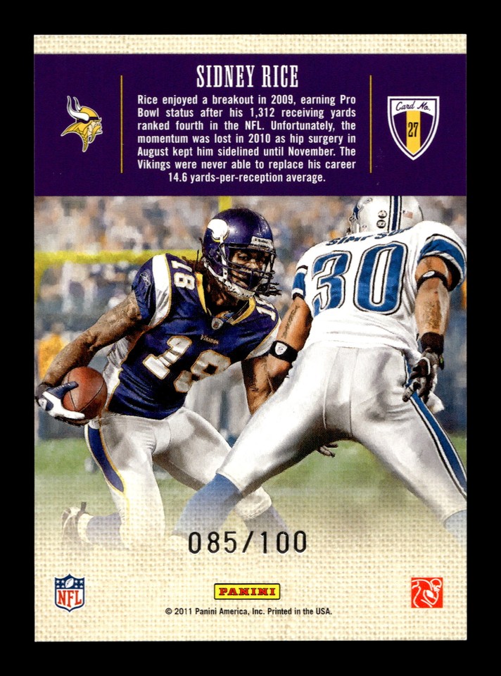 2011 Panini Threads #27 Sidney Rice Gridiron Kings Framed Red SP/100 ...