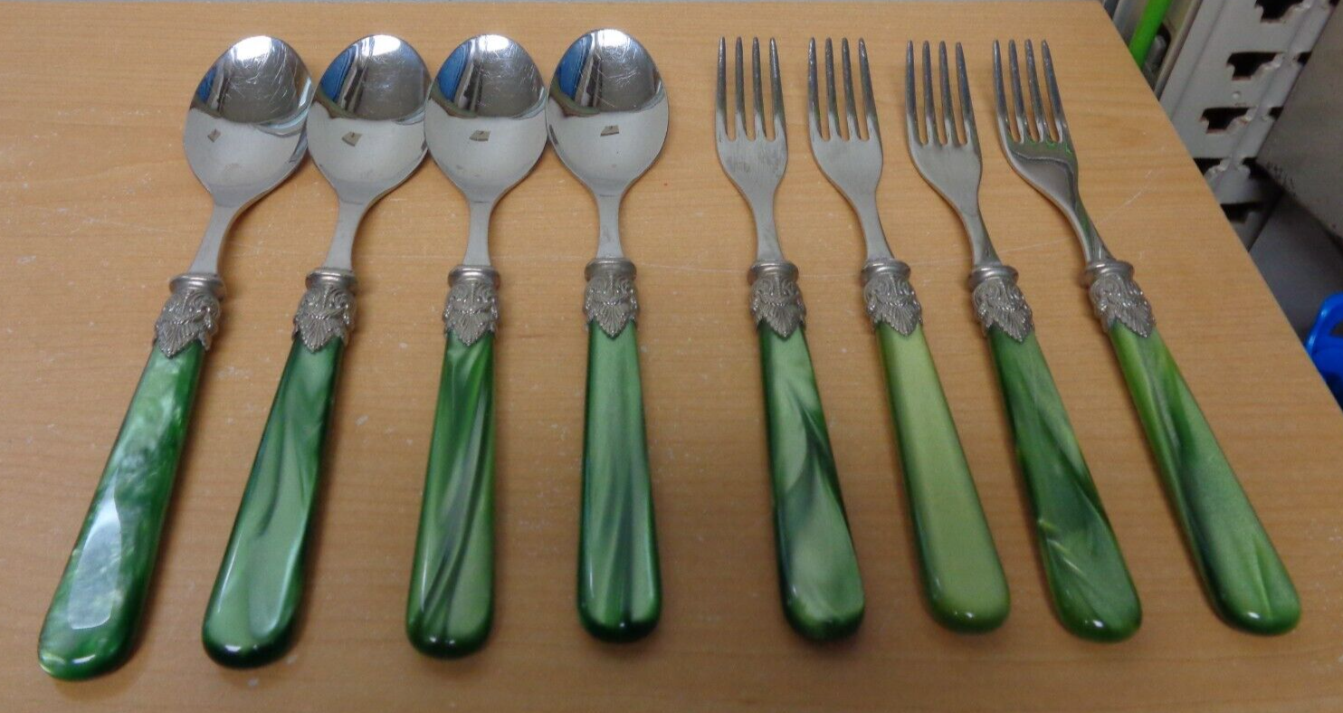 Lot of 8 Piece Eme Inox Italy green Pearl Handle Napoleon Flatware 18/ ...