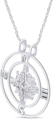 1/10ct Natural Diamond Compass Pendant 18" Necklace in 925 Sterling ...