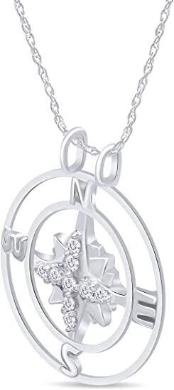 1/10ct Natural Diamond Compass Pendant 18" Necklace in 925 Sterling ...