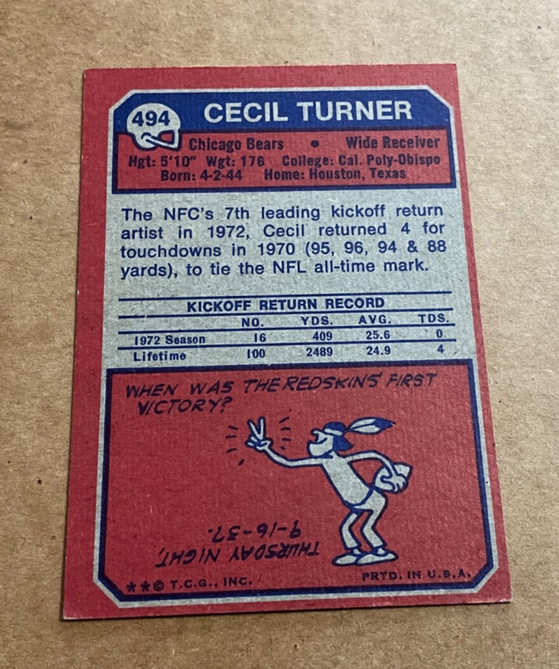 1973 Topps # 494 Cecil Turner Chicago Bears Football | eBay