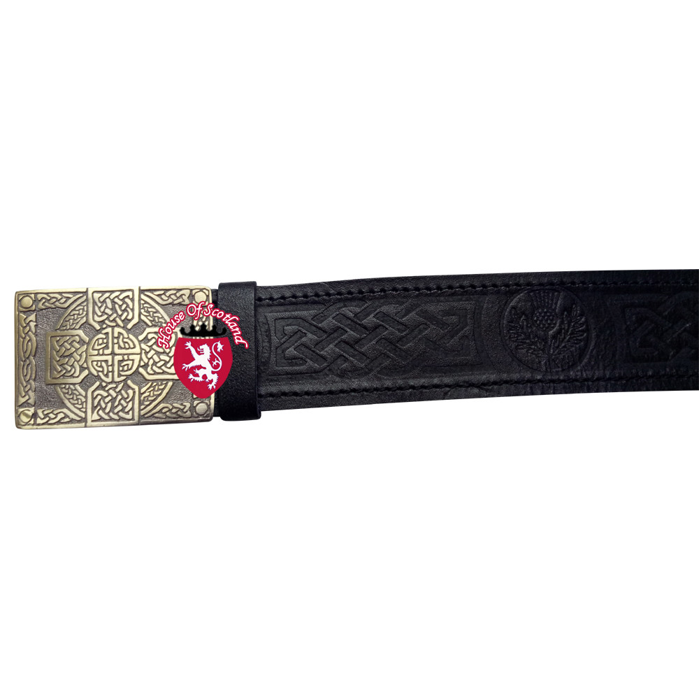 Scottish Belt Black Leather Thistle Embossed Celtic Cross Knot Kilt ...