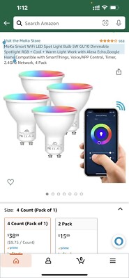 4 Pack MoKo Smart WiFi LED Light Bulb RGB 5W GU10 Works w Alexa and ...