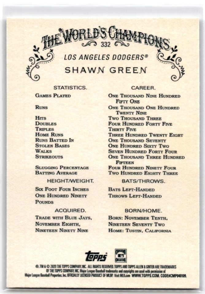 2019 Topps Legacy of Baseball Autographs Shawn Green Los Angeles ...