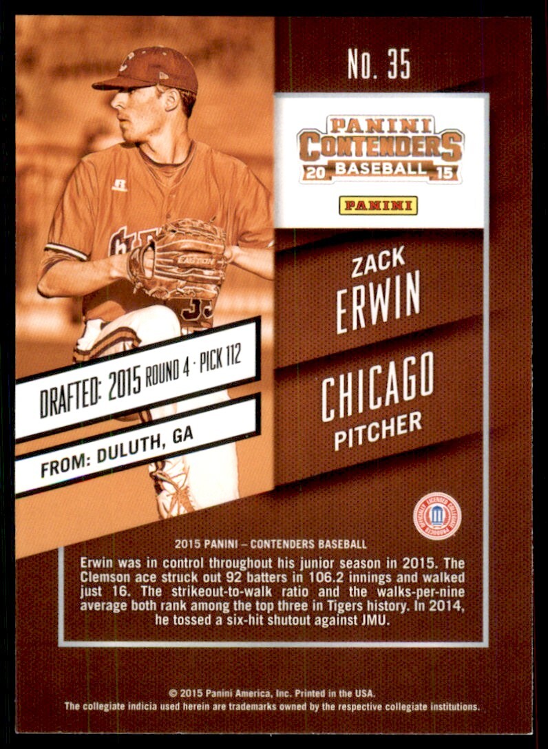 2015 Panini Contenders Zack Erwin Rookie Clemson Tigers #35 MLB ...