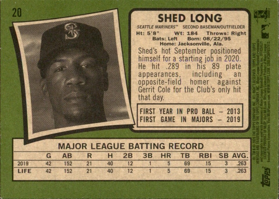 2020 Topps Heritage #20 Shed Long SEATTLE MARINERS | eBay