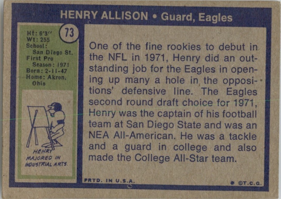 1972 Topps #73 Henry Allison Rookie Philadelphia Eagles | eBay