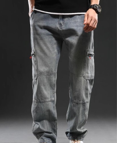 Mens Gray Blue Denim Jeans Pockets Wide Leg Punk Hip Hop Pants Trousers ...